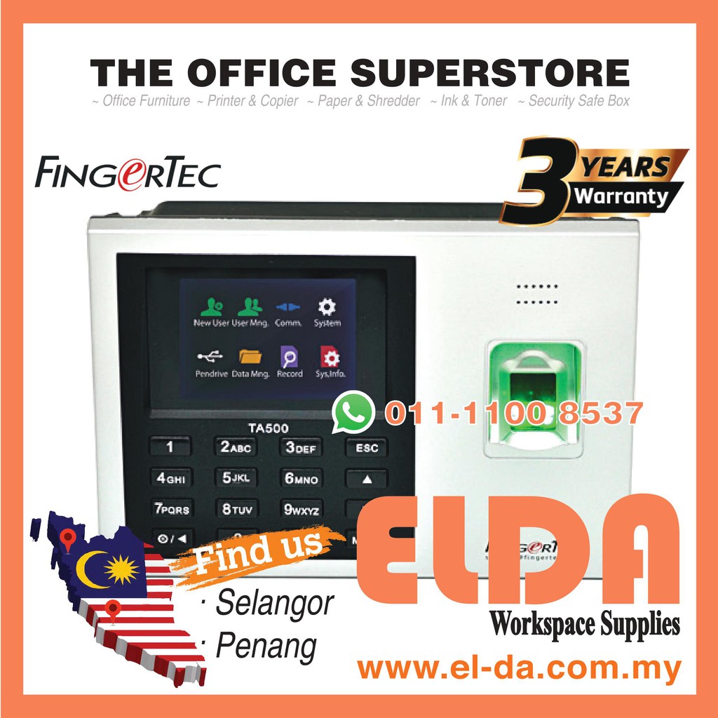 **Imbasan Jari** FingerTec TA500 (Fingerscan Time Attendance) (Punch Card Machine) **ELDA ...