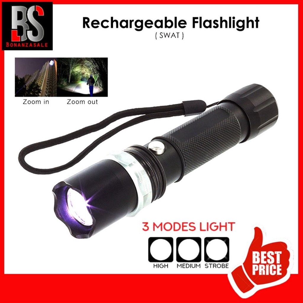 Swat Rechargeable Waterproof 3 Mode Multifunction Flashlight Torchlight ...