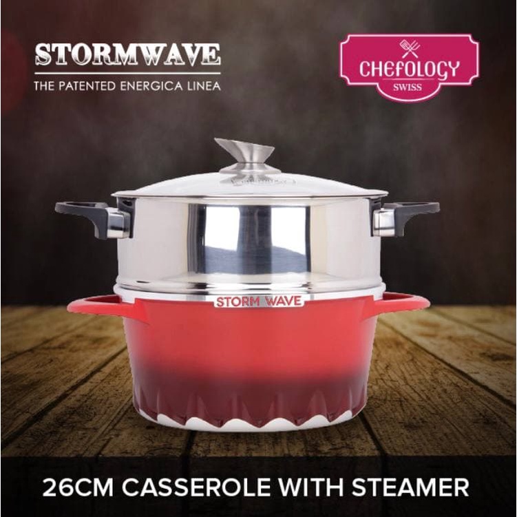CHEFOLOGY SWISS STORMWAVE 26CM X 3PCS (CASSEROLEN WITH STEAMER) FREE SLICONE HOLDER | Shopee ...