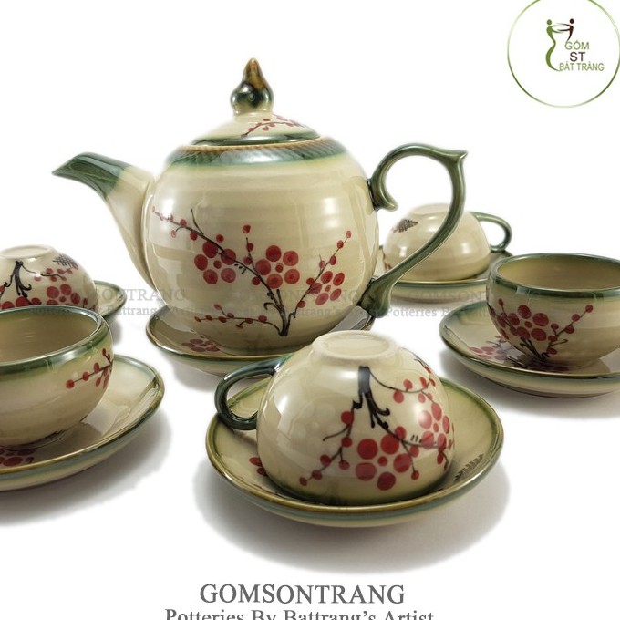 Bat Trang tea set hand-painted with peach blossoms in Grapefruit shape ...