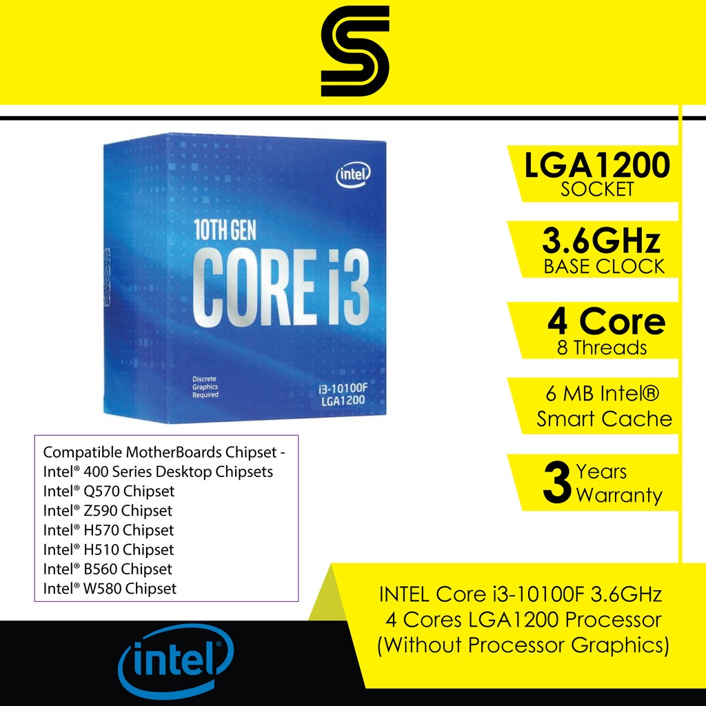 INTEL Core i3-10100F 3.6GHz 4 Cores LGA1200 Processor (Without Processor Graphics) | Shopee Malaysia