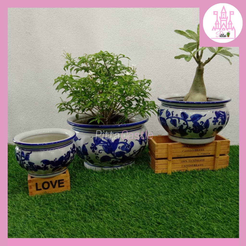 Chinese Style Round White Pot Blue Flower Designed Ceramic Pot Flower ...