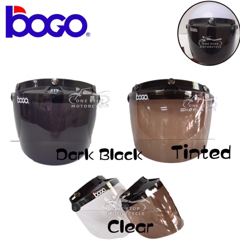 ORIGINAL BOGO VISOR 3 PIN HELMET COLOR TINTED/ CLEAR / DARK BLACK VISOR ...