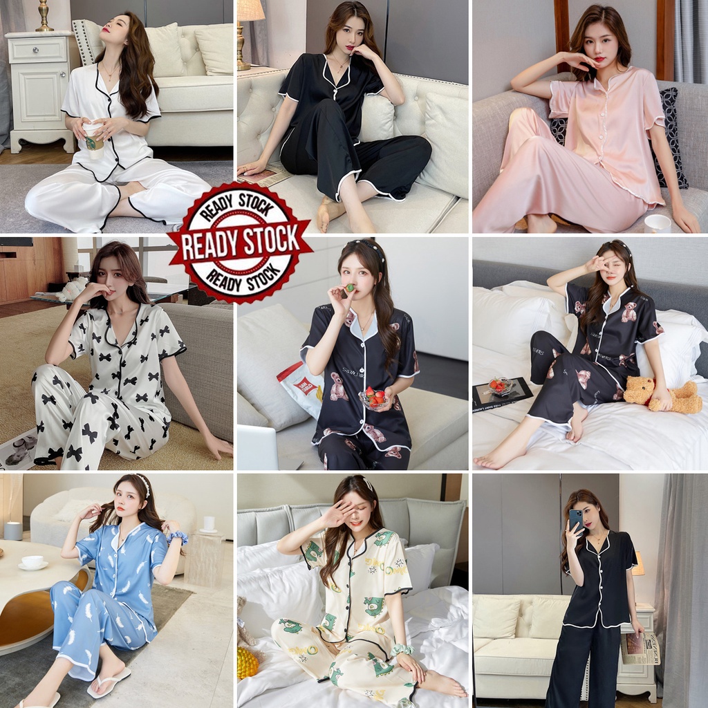 Ready Stock Satin Silk Pajama Set Short Sleeve Pyjamas Loose Fashion ...