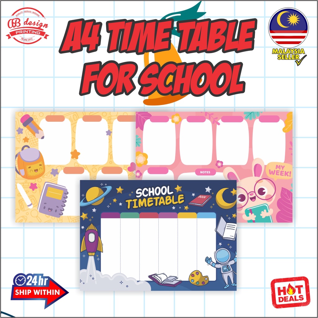 A4 TIME TABLE FOR SCHOOL/ JADUAL WAKTU SIZE A4 UNTUK SEKOLAH READYSTOCK ...