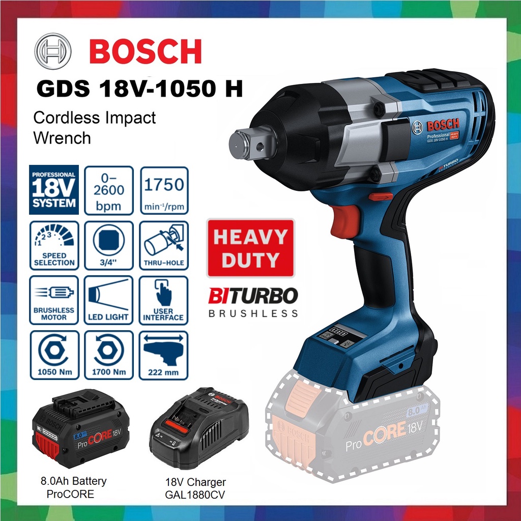 BOSCH 3/4" cordless Impact Wrench GDS 18V-1050H HIGH TORQUE Brushless ...