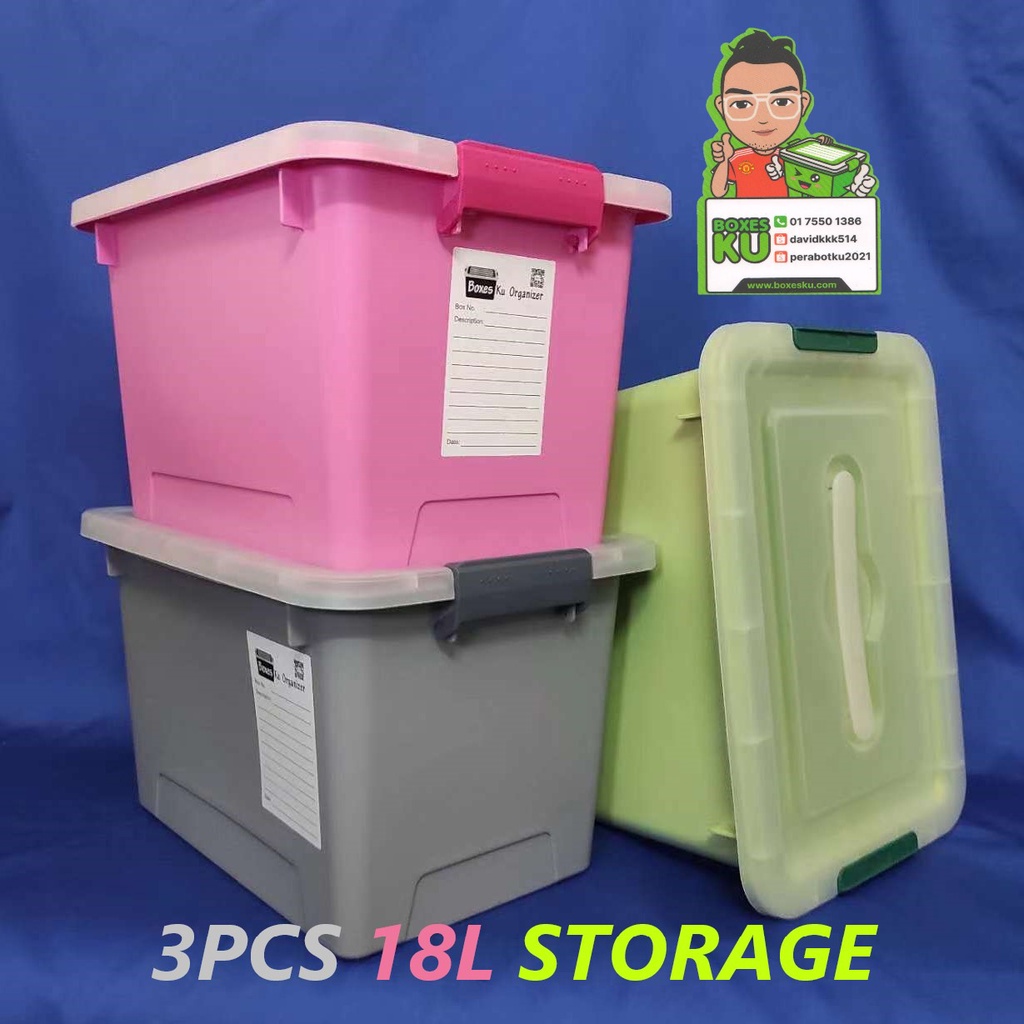 [NEW] 3PCS 18L Plastic Storage Box With Handle / Multi Purpose Organizer / 3 Units In 1 Pack ...