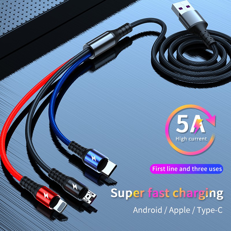 3 in 1 USB Cable 5A Super Fast Charging for Huawei Samsung Mobile Phone ...