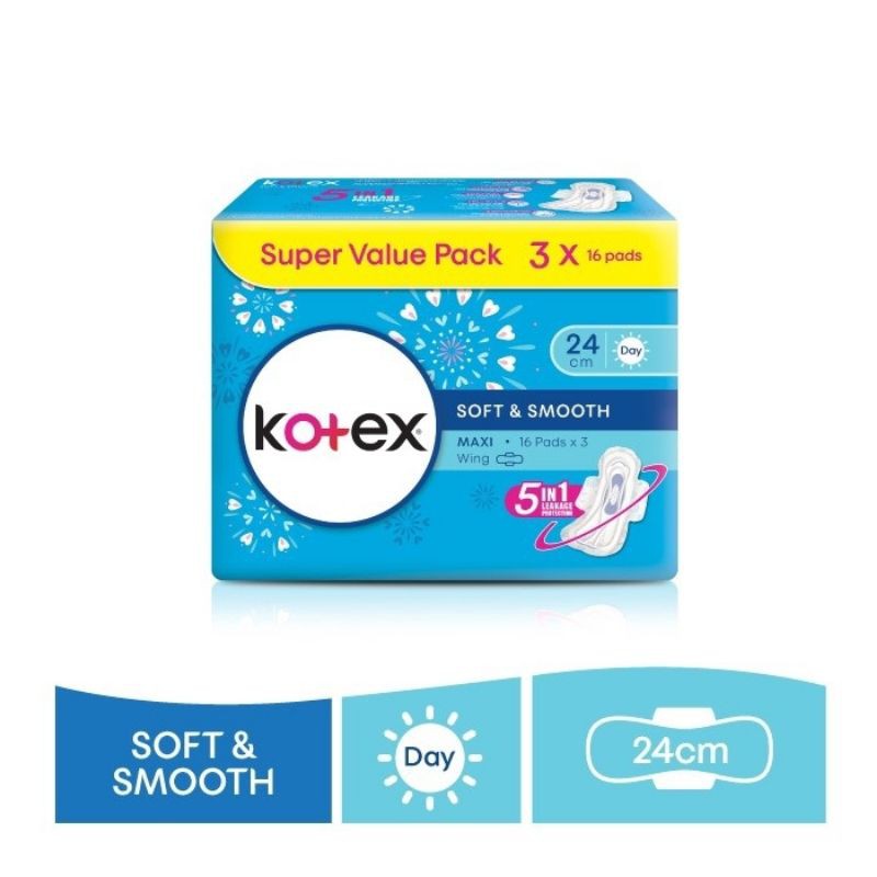 Kotex Soft & Smooth Maxi Wing 24cm (3x16s) Disposable Sanitary Pad Tuala Wanita Pakai Buang ...
