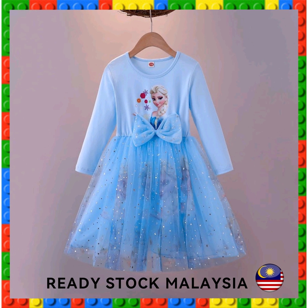 Girls Beautiful Frozen Elsa Long Sleeve Dress with Ribbon Baju Budak ...
