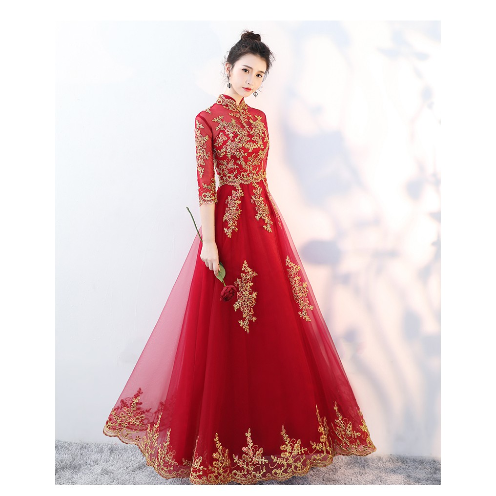 pre order red gold cheongsam long sleeve wedding bridal prom dress gown ...