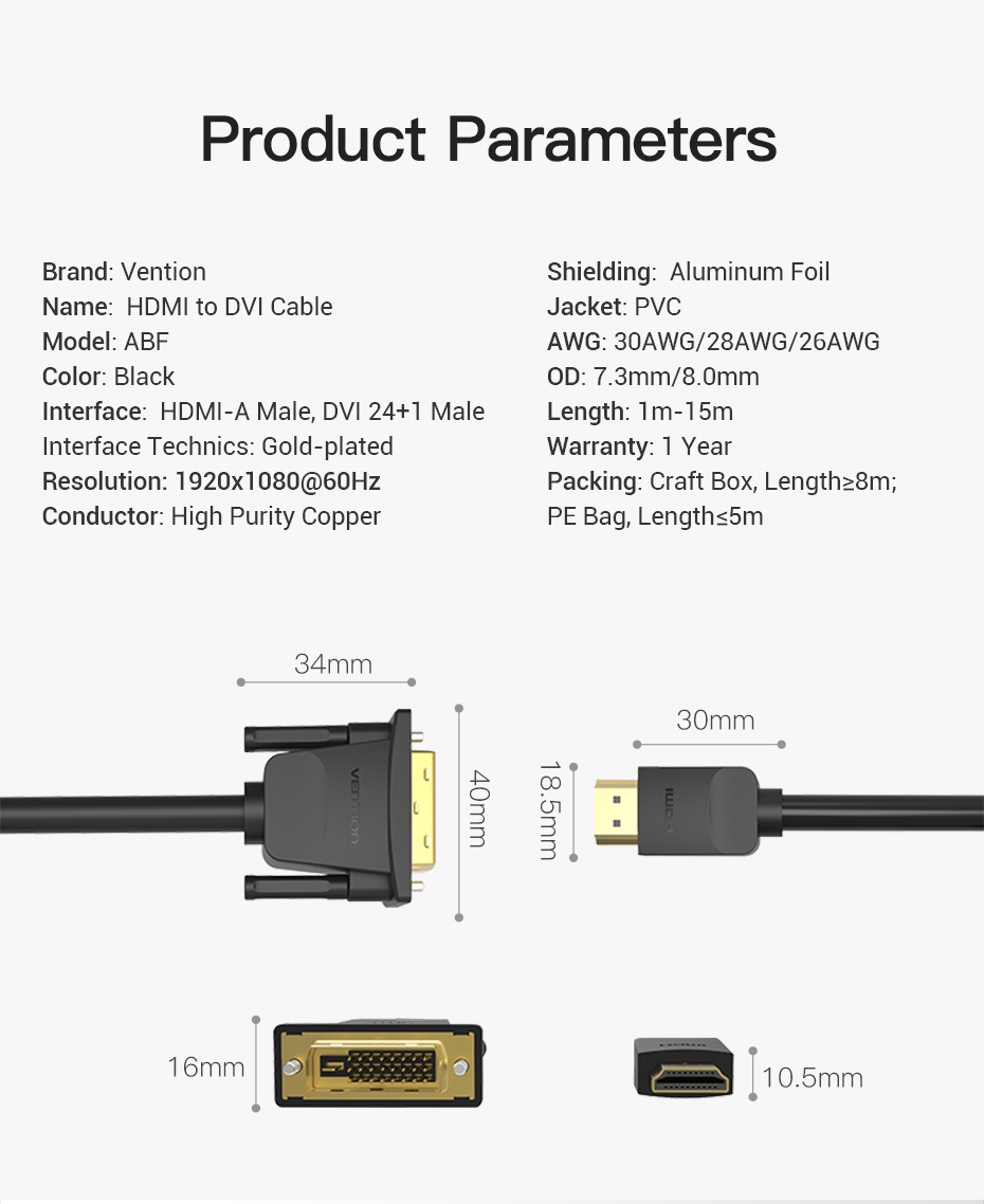 【hot Sale】vention Hdmi To Dvi Cable Bi Directional Dvi D 24 1 Male To