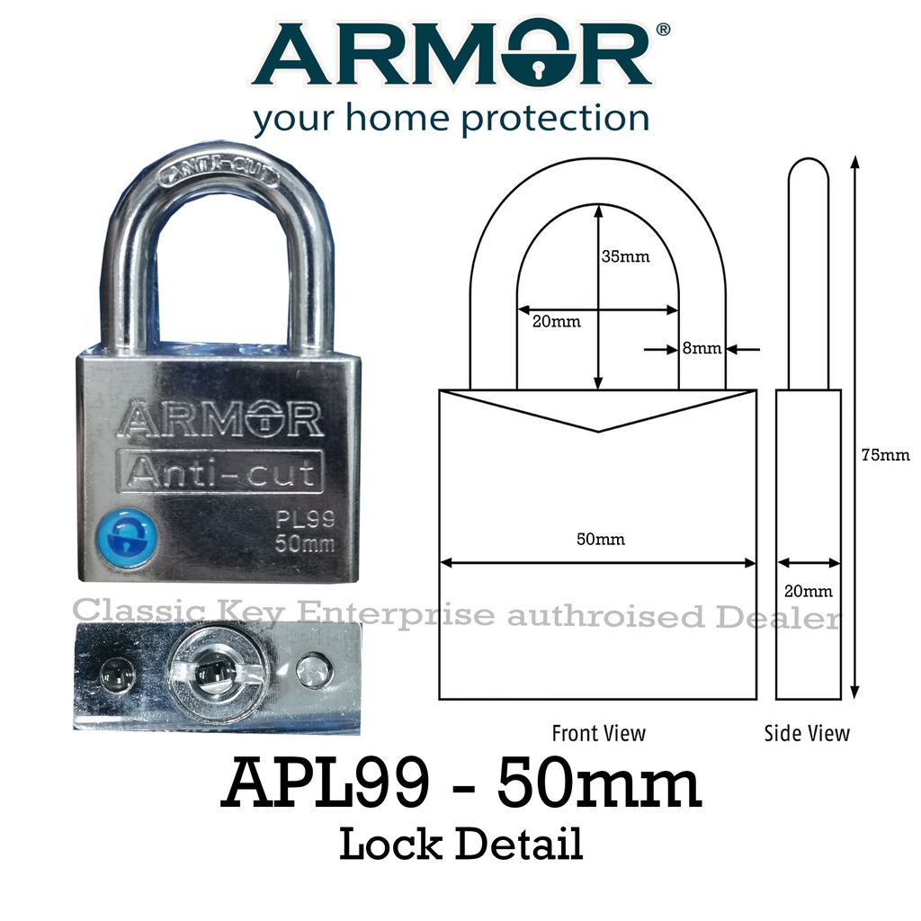 ARMOR Padlock Hardened Steel Body Anti Cut APL-99 (Size 50mm x 4pcs ...