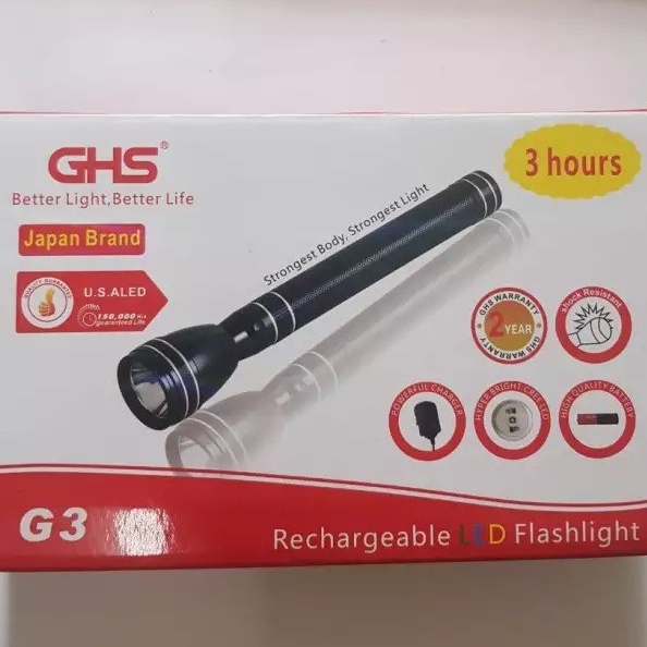 GHS Premium Brightness TORCH LIGHT LONG Range G-3 RECHARGEABLE Battery ...