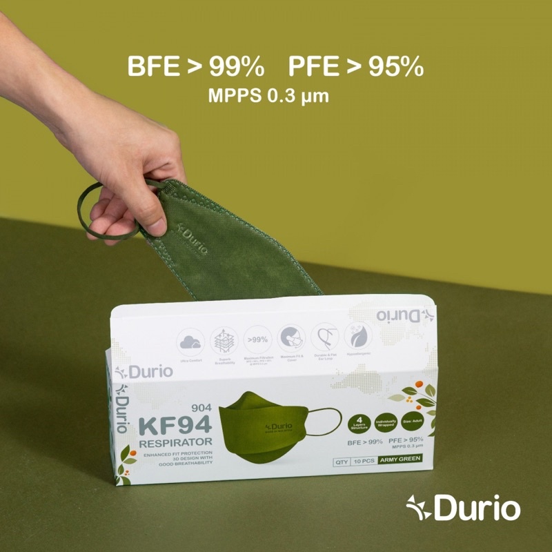 [100% Authorised] Durio 904 KF94 Respirator - Army Green - 10pcs/40pcs ...