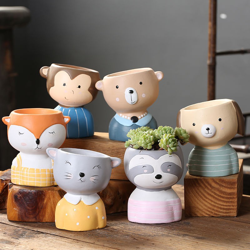 Cute Mini Cement Cartoon Cactus Succulent Flower Pot Vase Animal Indoor ...