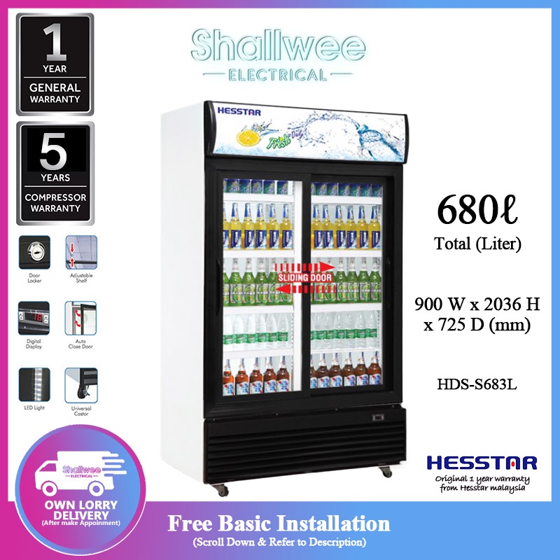 Hesstar 680L 2 Sliding Doors with Tempered Glass No Frost Design Drink ...