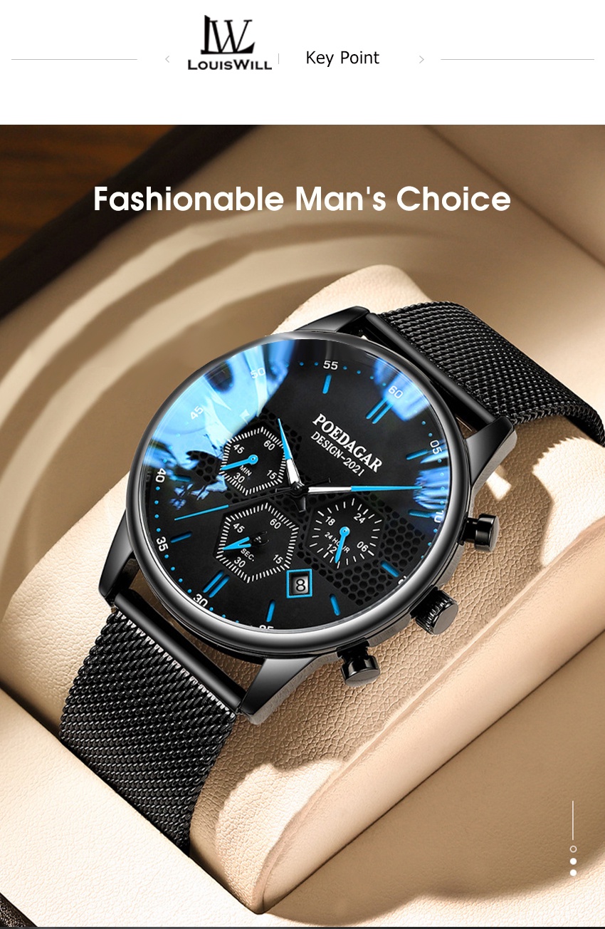 LouisWill Men Watch True Three Eyes Wristwatch Quartz Chronograph Watch ...