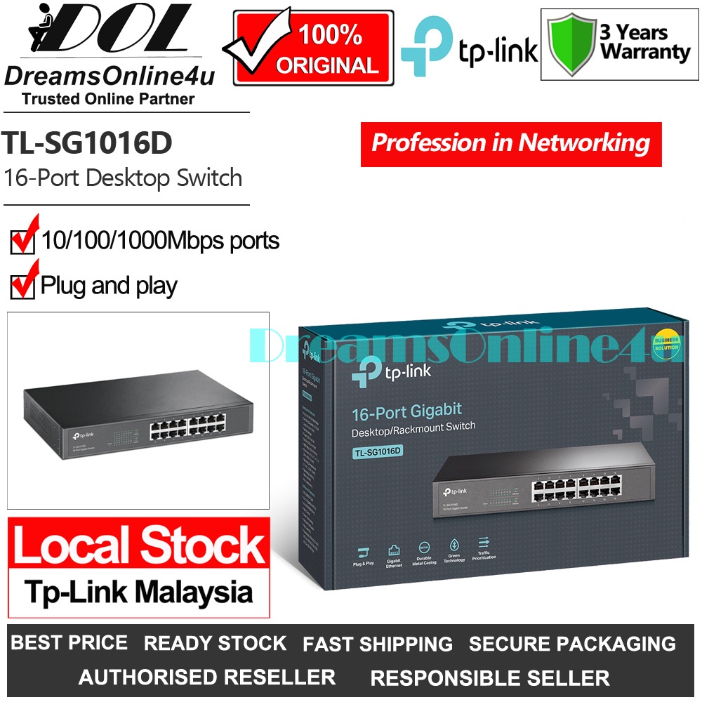 TP-LINK TL-SG1016D 16-port Gigabit 10/100/1000Mbps Desktop Rackmount Switch Plug & Play | Shopee ...