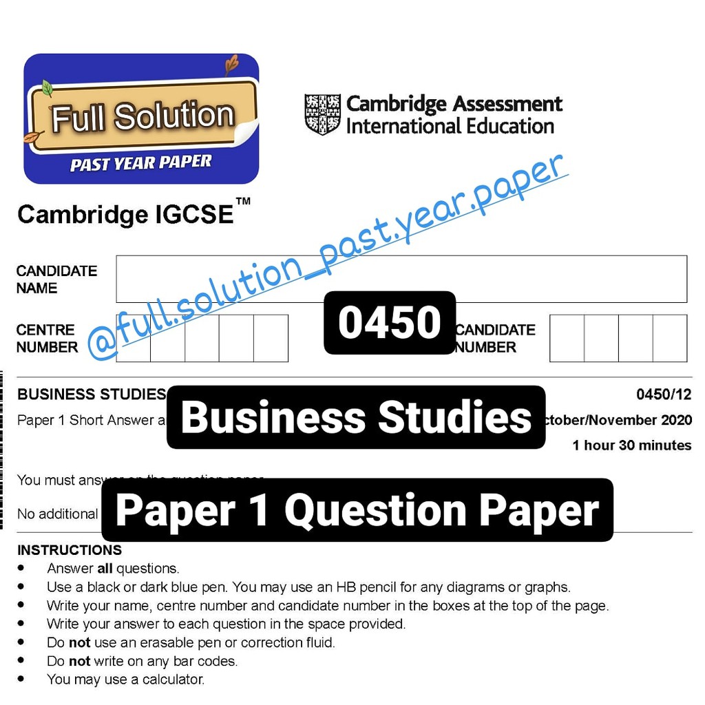 Cambridge IGCSE 0450 Business Studies Past Year [Question Paper + Mark ...