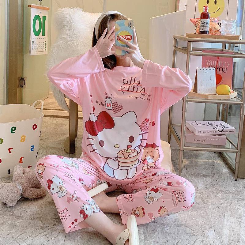 Hello Kitty Pajamas Long-sleeved Pyjamas women cartoon loose top trousers home wear 女装睡衣 卡通长袖睡衣 ...