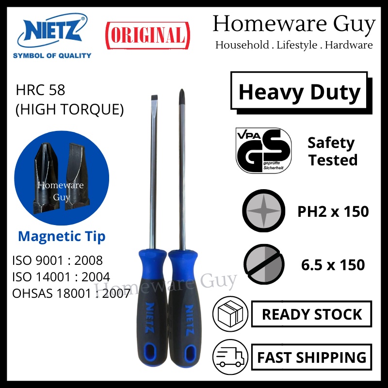 (NIETZ Premium 6'') Screwdriver Phillips Slotted PH2 x 150 (+) / 6.5mm ...