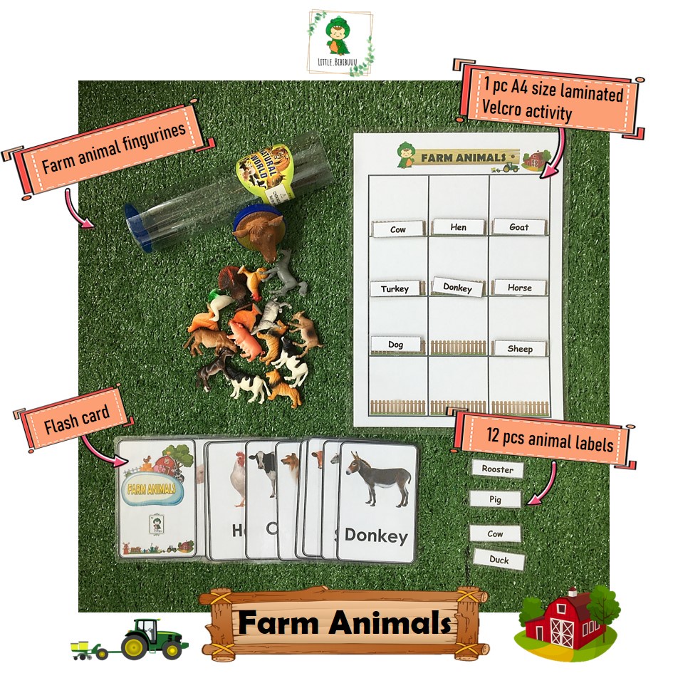 Farm Animals Figurine + Laminated Flash Card + Laminated Velcro ...