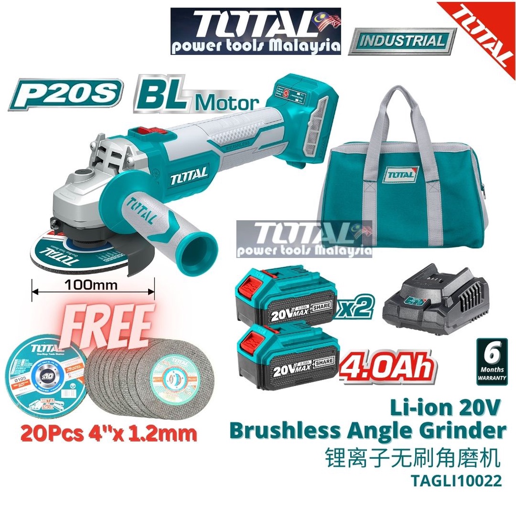 TOTAL Cordless Angle Grinder with BL Motor TAGLI1002 (4", 2 Speed) + 2 ...