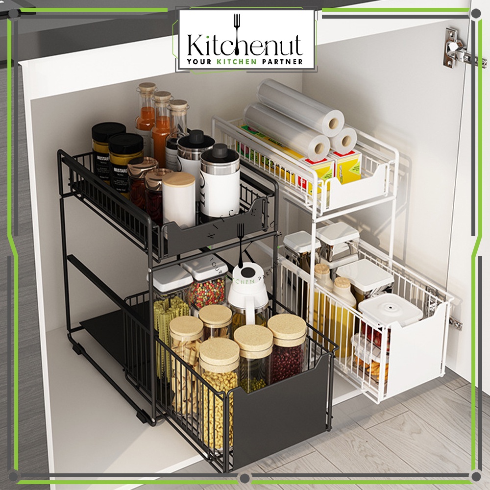Kitchenut 2 Tier Space Saving Kitchen Top Storage Rack With Pull Out ...