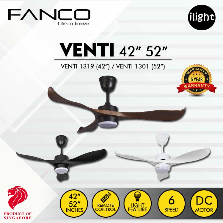 FANCO VENTI 42" 52” DC MOTOR CEILING FAN WITH 3 COLOR LIGHT 3 BLADE ...