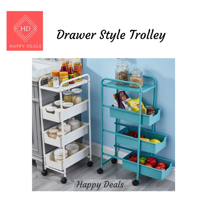 HappyDeal ABS Pullable Tray Trolley Kitchen Rack 3Tiers Trolley Storage ...