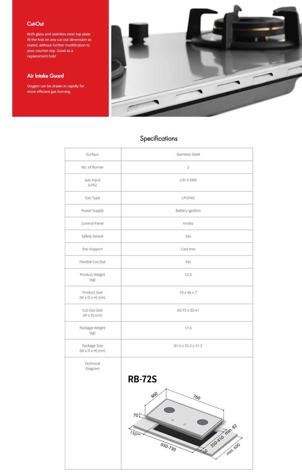 Rinnai RB-72S Hyper 2-Burner Built-in Gas Hob (Stainless Steel) | ESH ...