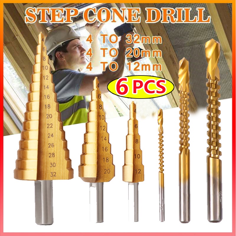 6 Pcs HSS Spiral Groove Step Drill Bit High Speed Steel Step Cone Drill ...