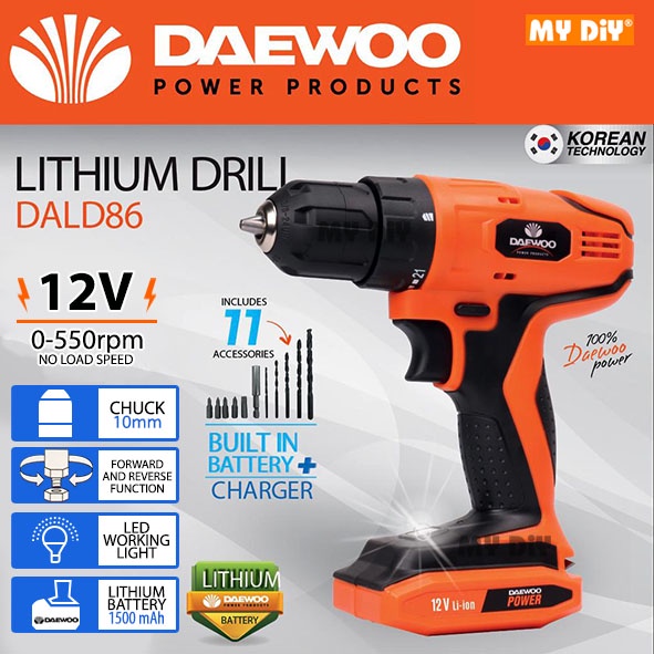 MYDIYHOMEDEPOT - DAEWOO Cordless Drill 12V Lithium Battery 550rpm 10mm Chuck Cordless ...