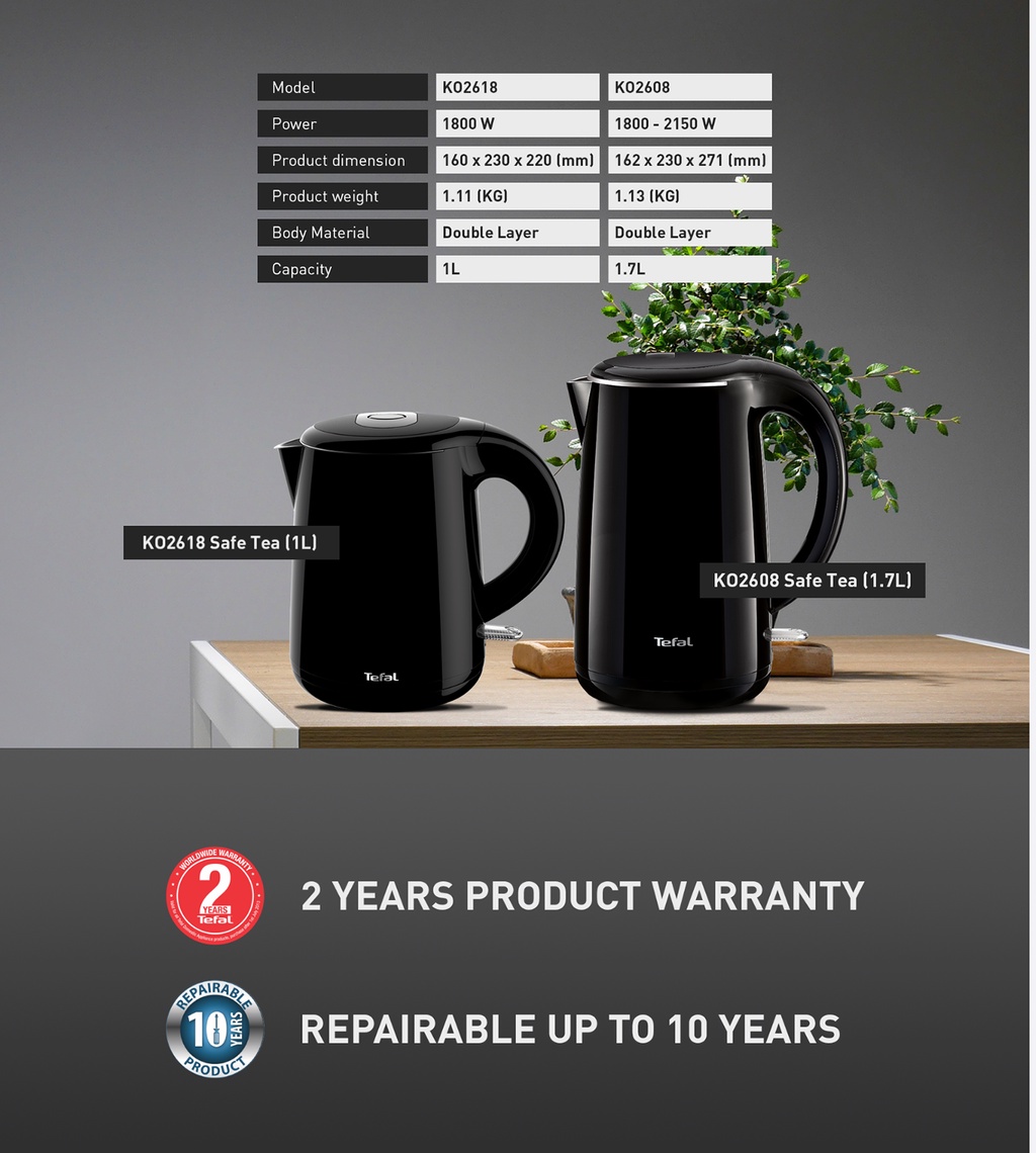 Tefal KO2608 1.7L Safe'tea Double Layer Heat Protection Kettle | Shopee ...