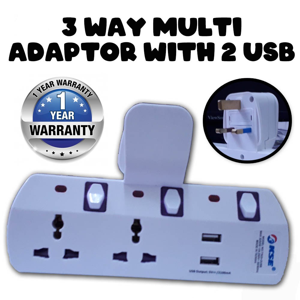 KSE 3 Pin UK Plug with 3 Ways Multi Universal 2 USB Port Socket Adapter ...