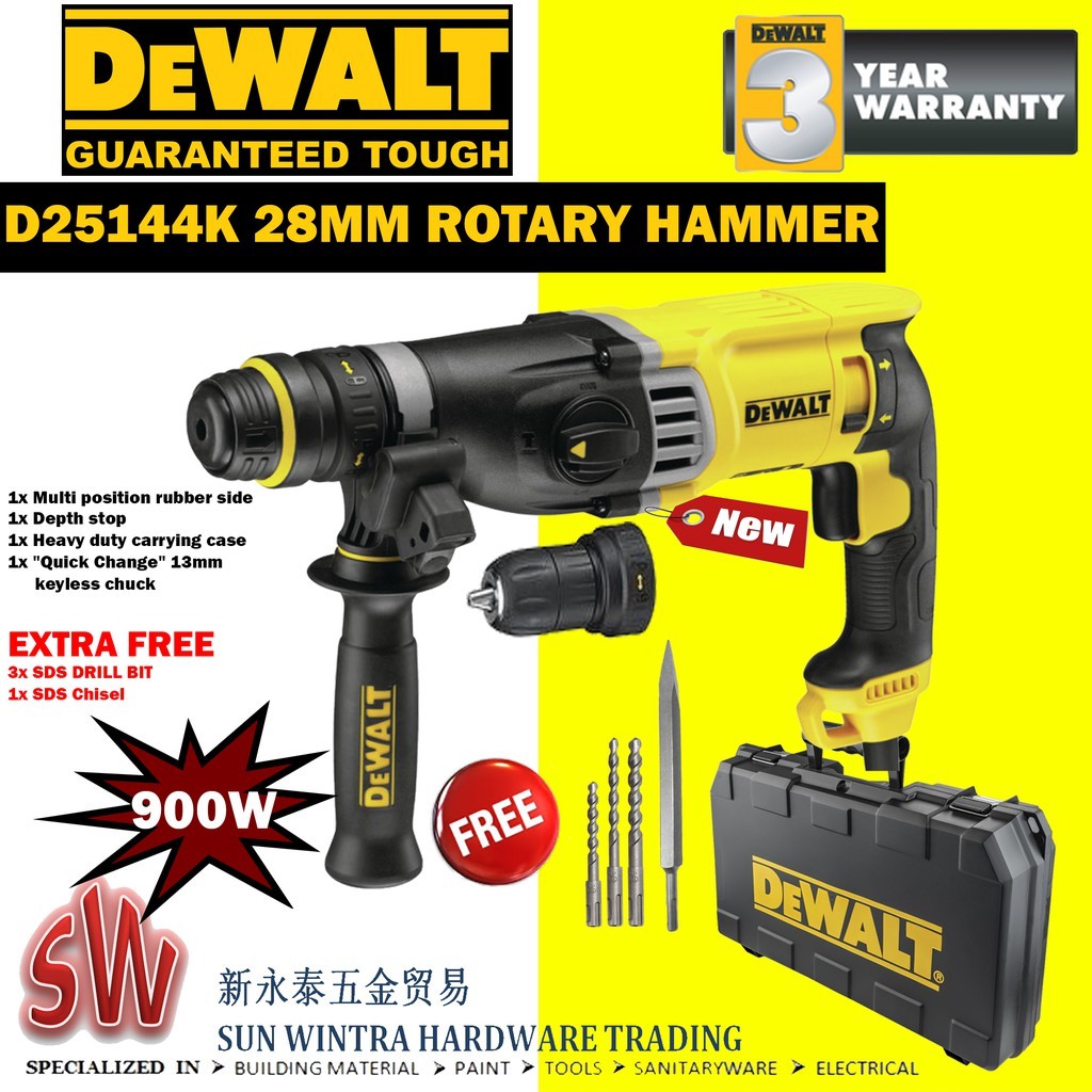 DEWALT D25144K 900W 28MM 3 MODE ROTARY HAMMER With F.O.C ACCESSORIES ...