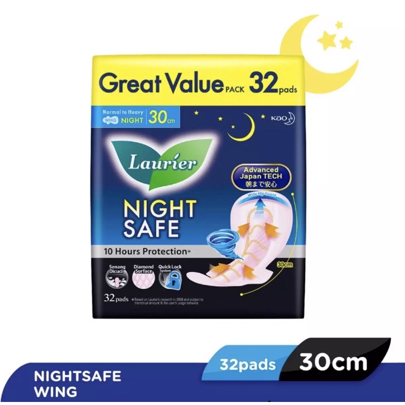 Laurier Night Safe Wing 30cm (32s) | sanitary pad | tuala wanita | pad ...