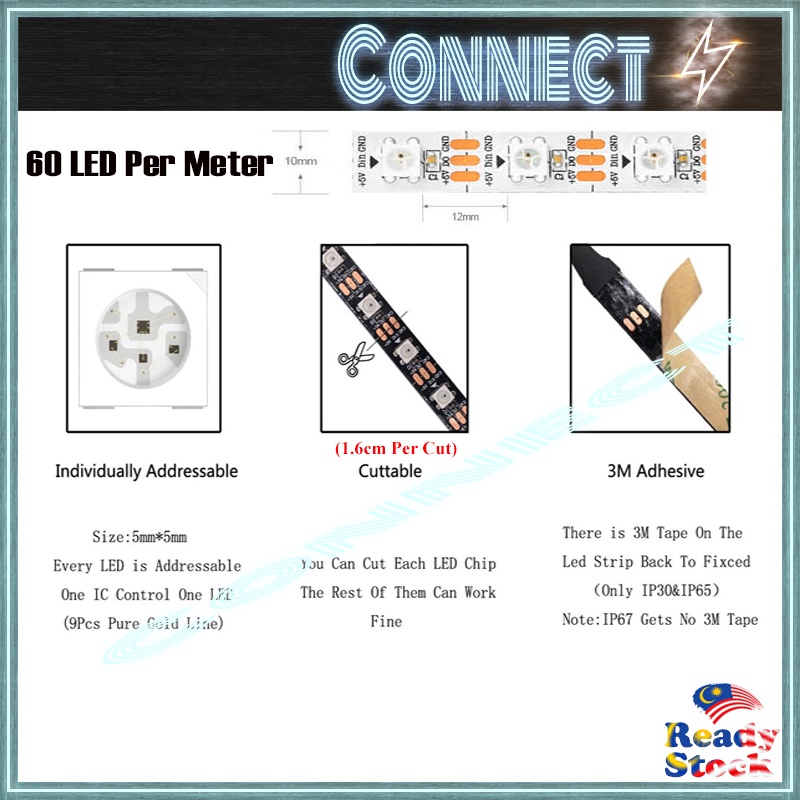 ARGB WS2812B Led Light Strip 5v 60 Leds Per Meter Rgb Led Strip WS2812B ...