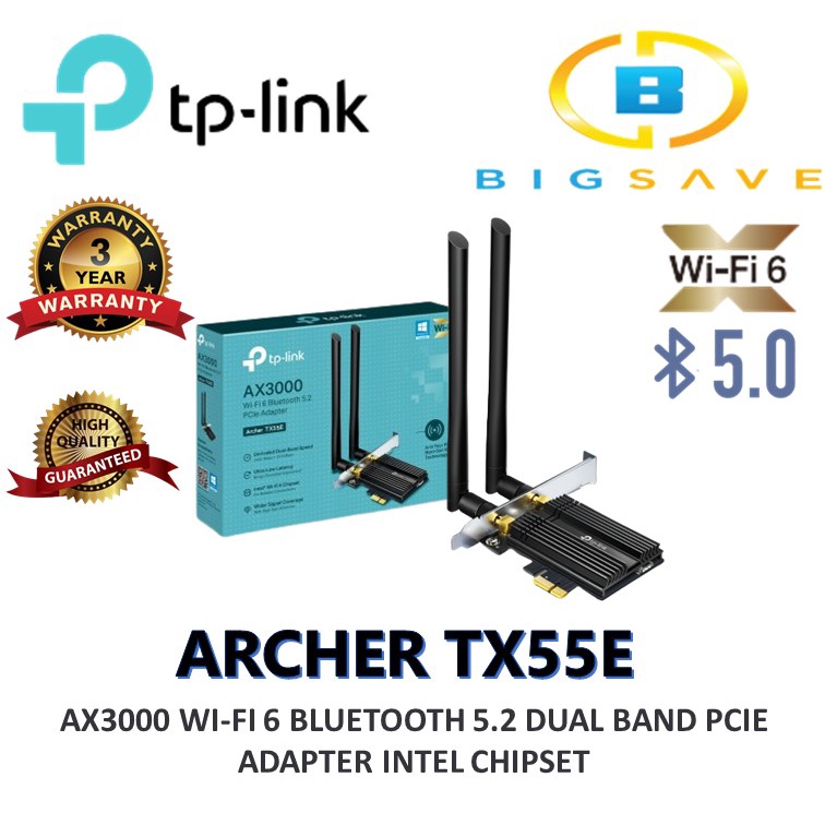 TP-LINK ARCHER TX55E AX3000 WIFI 6 BLUETOOTH 5.2 DUAL BAND PCIE ADAPTER ...