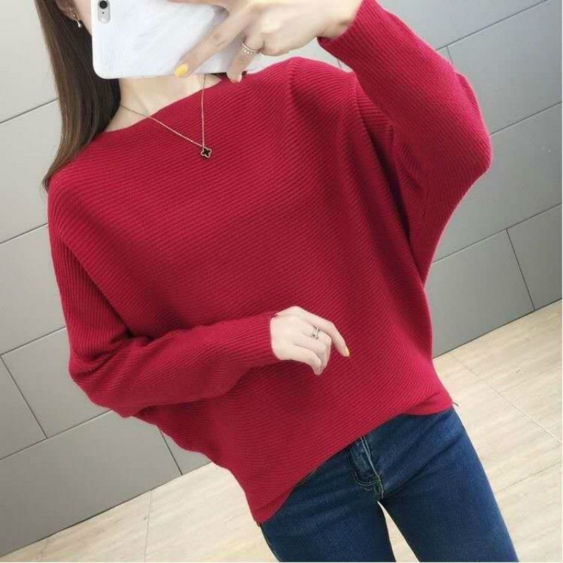 Ready Stock Women's Bat Sleeve Sweater Loose Solid Color Single Collar ...