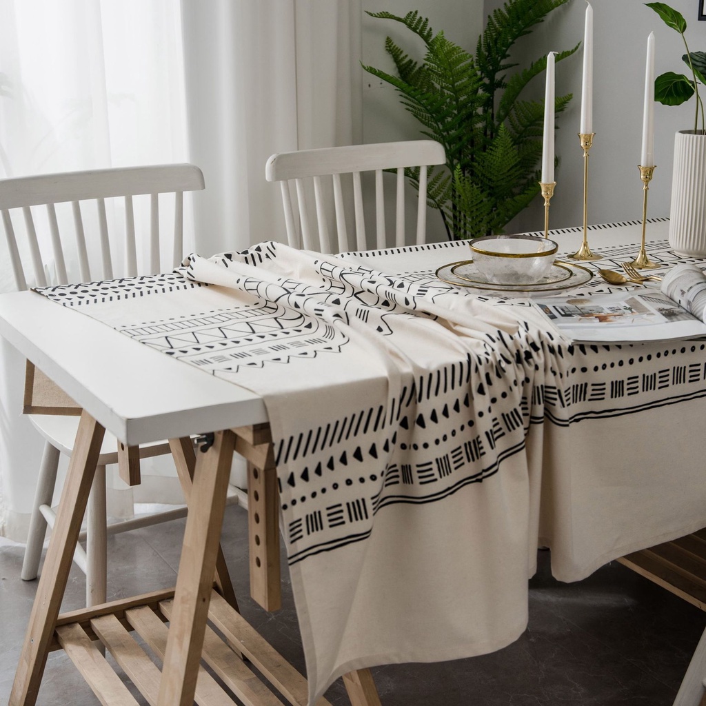 Nordic Style Cotton Linen Tablecloth Ethnic Style Bohemian Black White ...