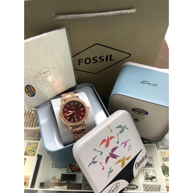 Fosil rosegold stainless steel/velvet strap watch set Free tin box ...