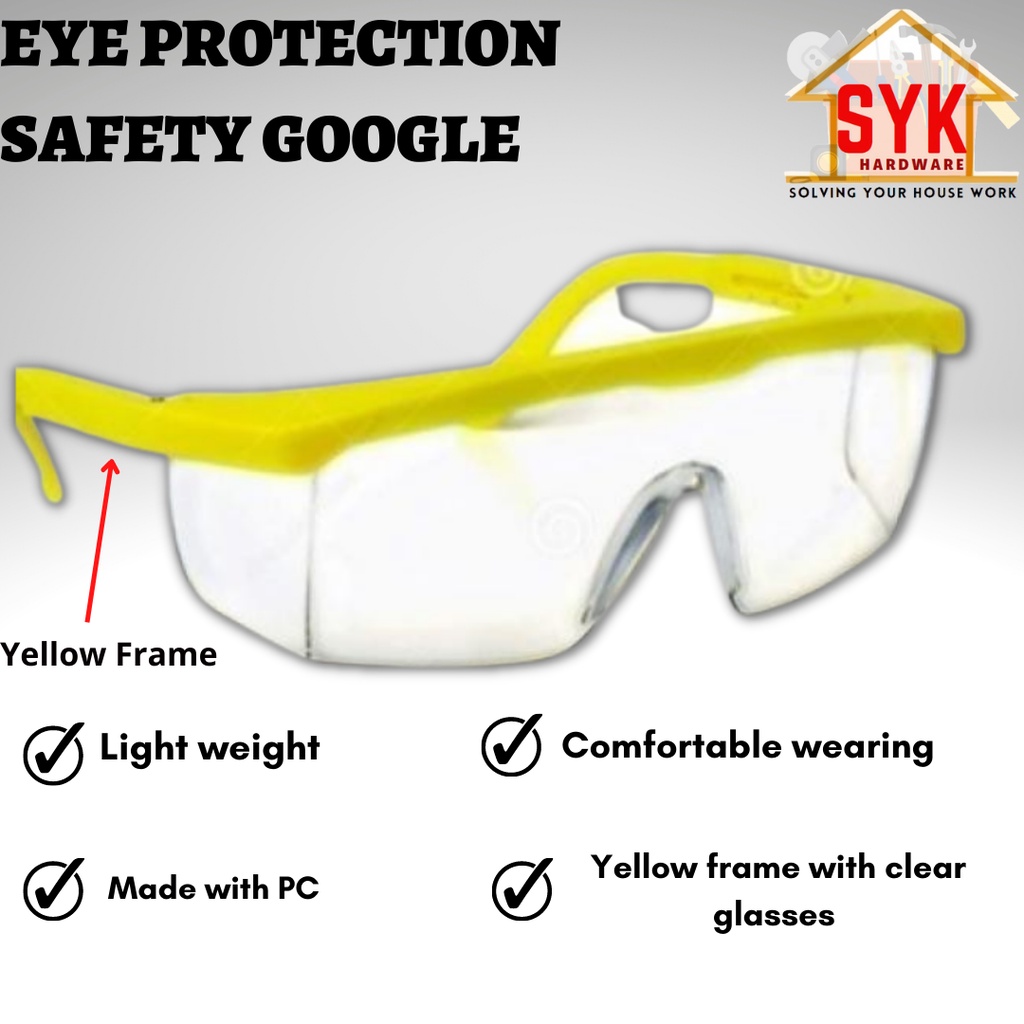 SYK Safety Googles Eyewear Yellow Frame Eyes Protection Clear Colour ...