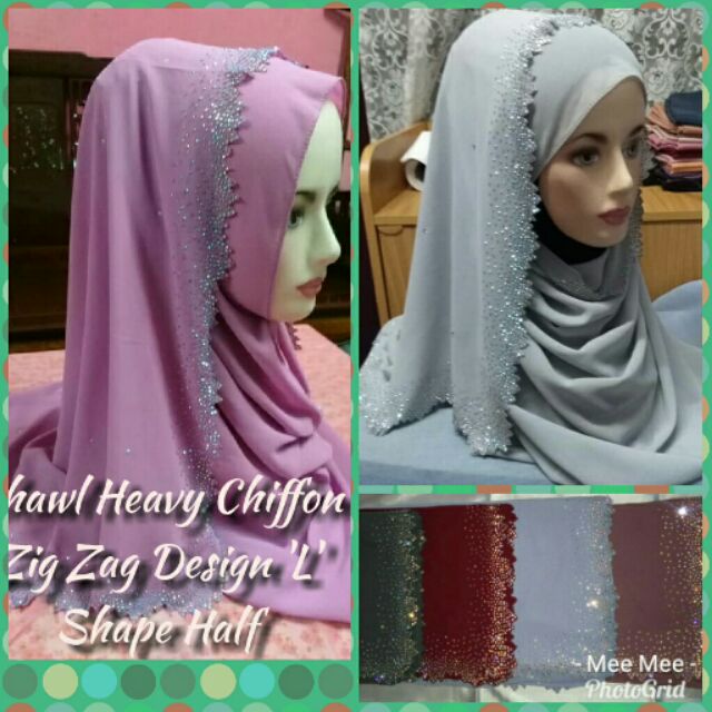 Shawl heavy chiffon zig zag design 'L' shape Half | Shopee Malaysia