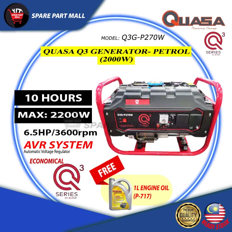 QUASA Q3 GENERETOR – PETROL 2000W ( Q3G-P270W)/ 100% ORIGINAL 4-STROKE GASOLINE GENERATOR 15L 6 ...