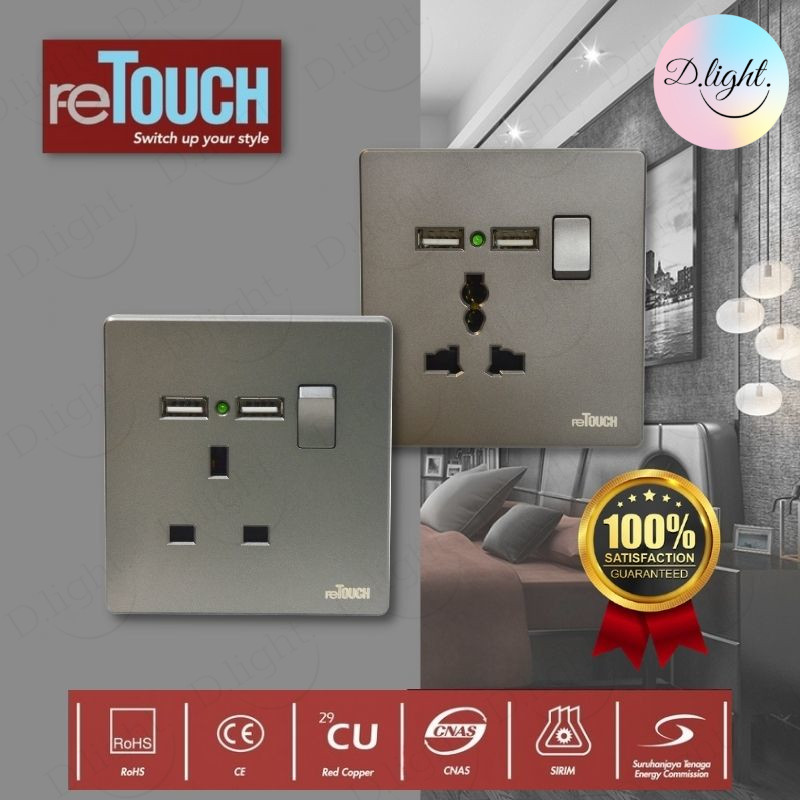 [Premium] reTouch Ultra Rimless 13A Double USB Switch Socket Gray Plug ...