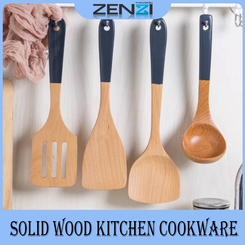 Solid Wood Handle Non Stick Cooking Pot Set Soup Spoon Rice Scoop ...