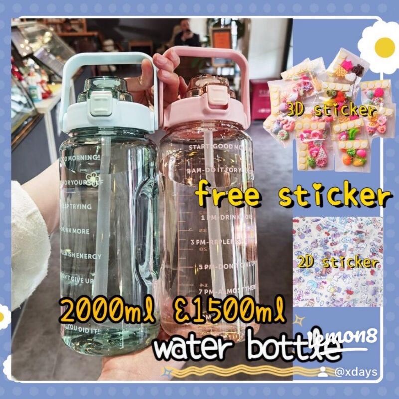 READY STOCK 🇲🇾 -1500/2000ml 3D sticker water bottle/tumble/with straw ...