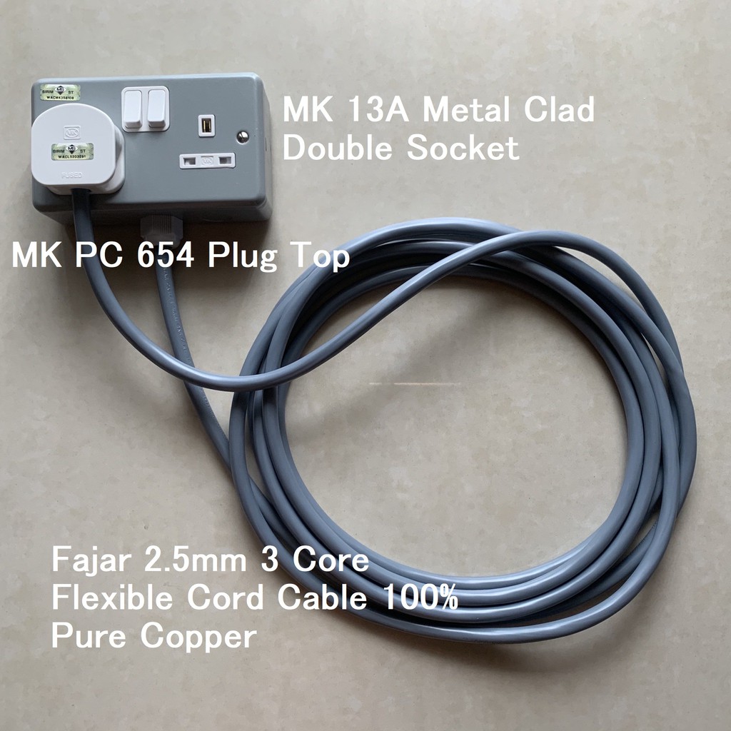 MK Heavy Duty 2 Gang Metal Switch Socket with MK Plug Top & Fajar 2.5mm ...